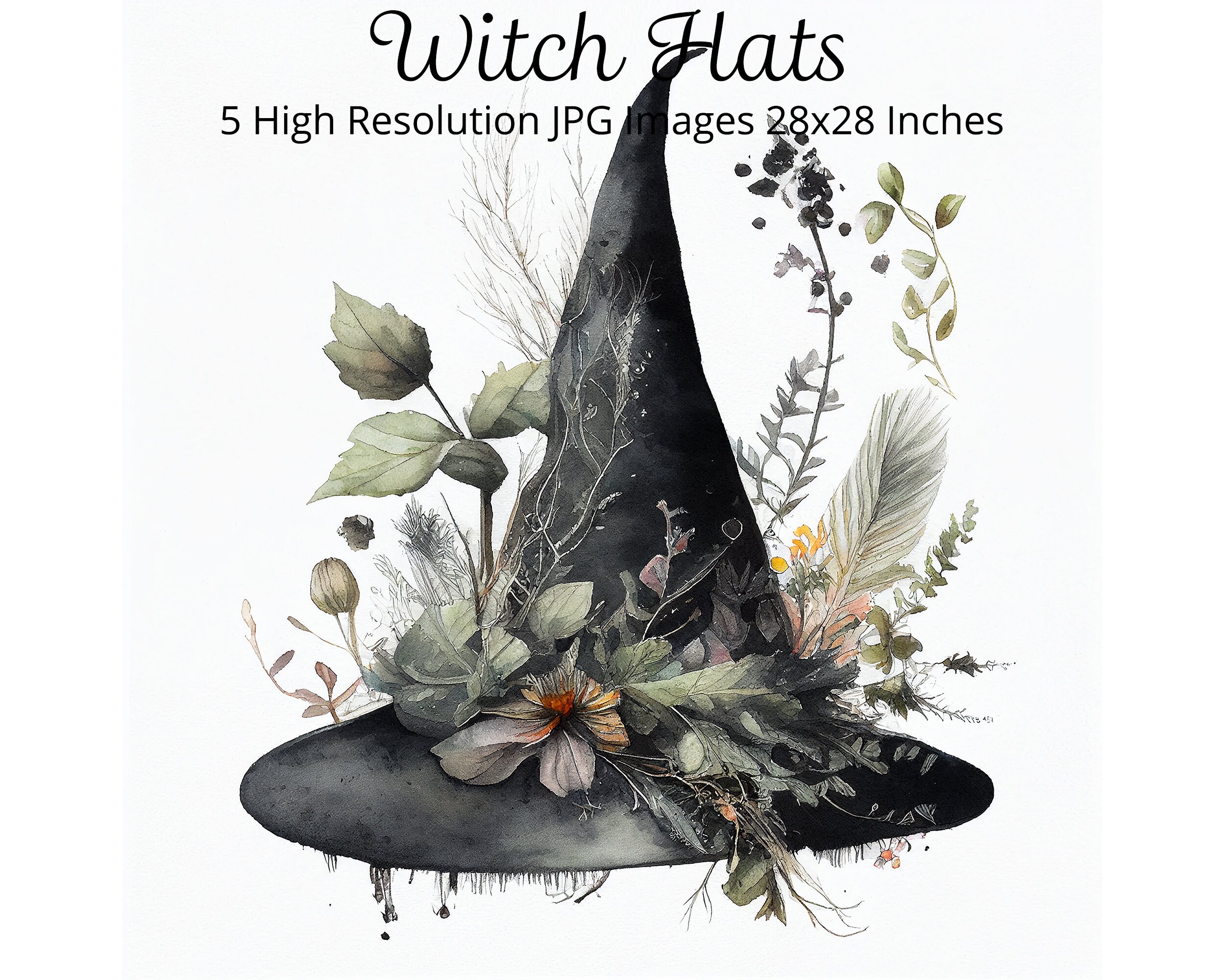 Botanical Witch Hats, Clipart Bundle, Black Witch Hat, Halloween ...