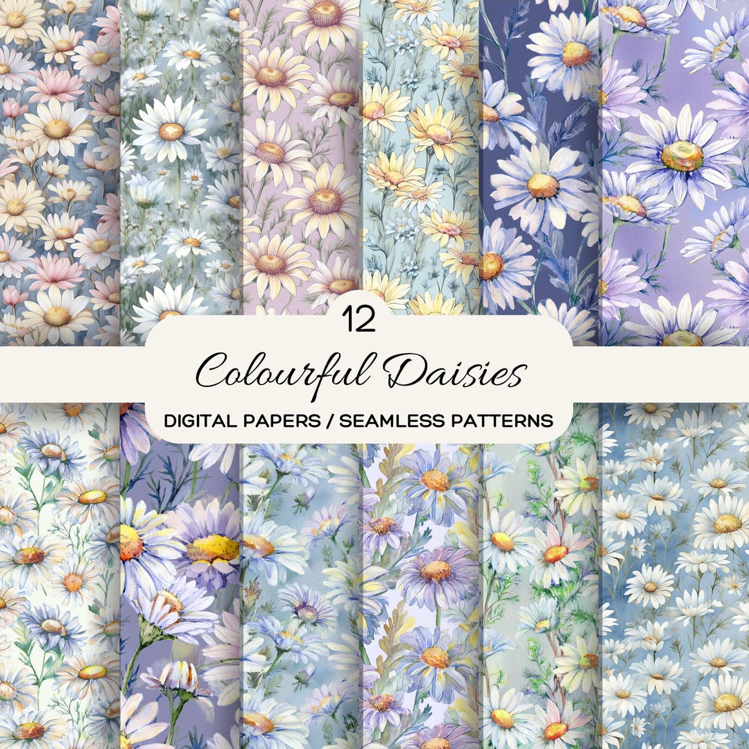 Watercolor Daisy Floral Digital Paper Pack of 12 Seamless Patterns for ...