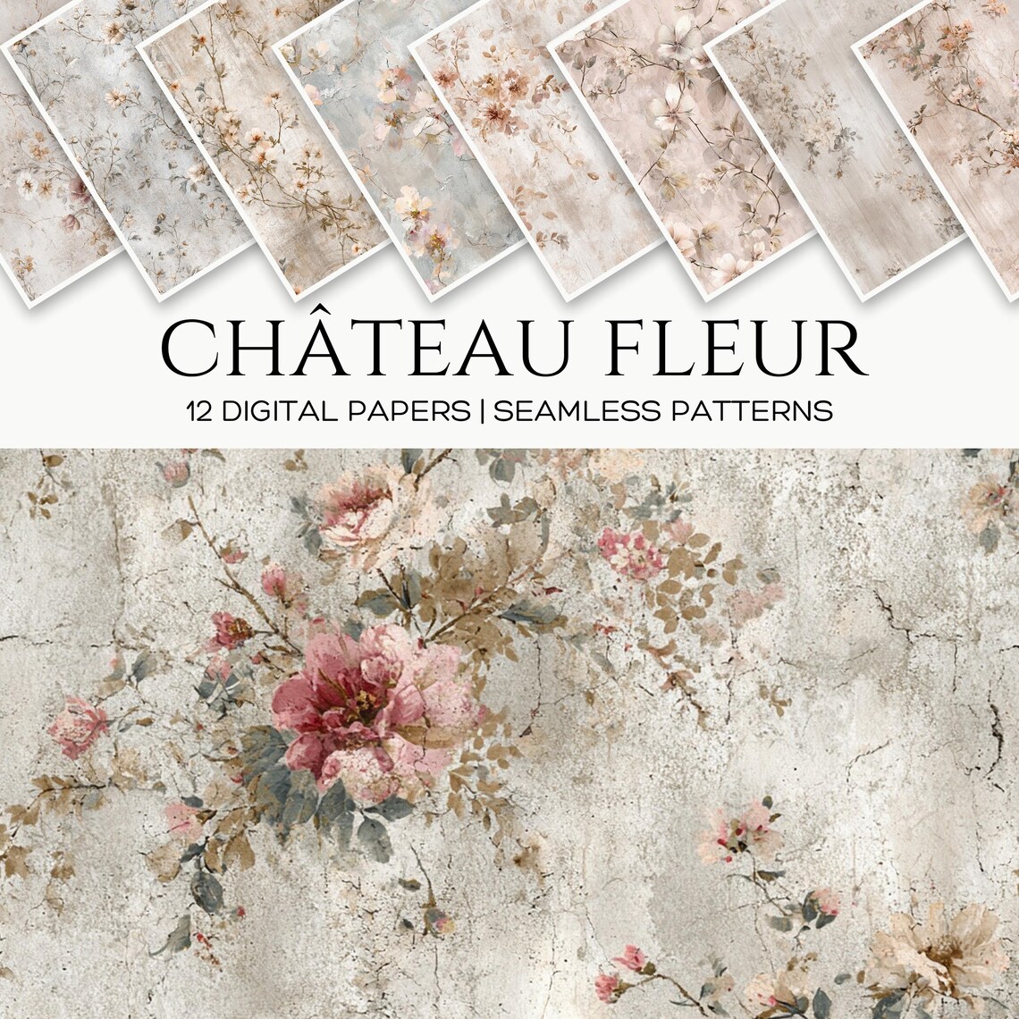 French Floral Seamless Pattern Set, Vintage Wall Textures, Château ...
