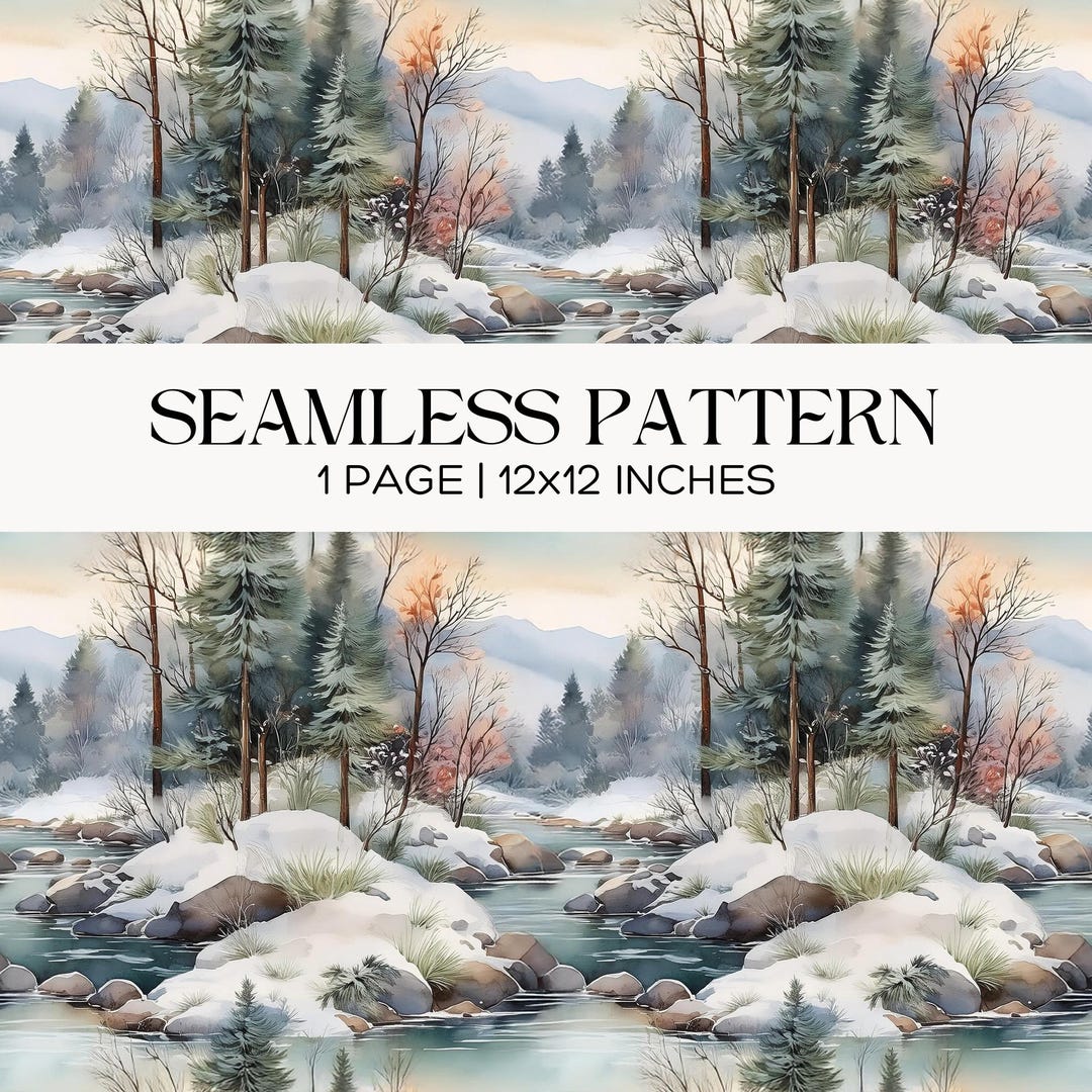 Winter Forest Seamless Pattern, Snowy River Landscape Repeat Tile ...