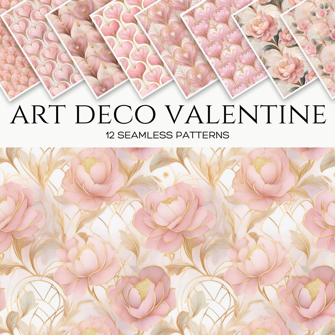 Valentines Pink and Gold Art Deco Digital Paper, Romantic Heart Pattern ...