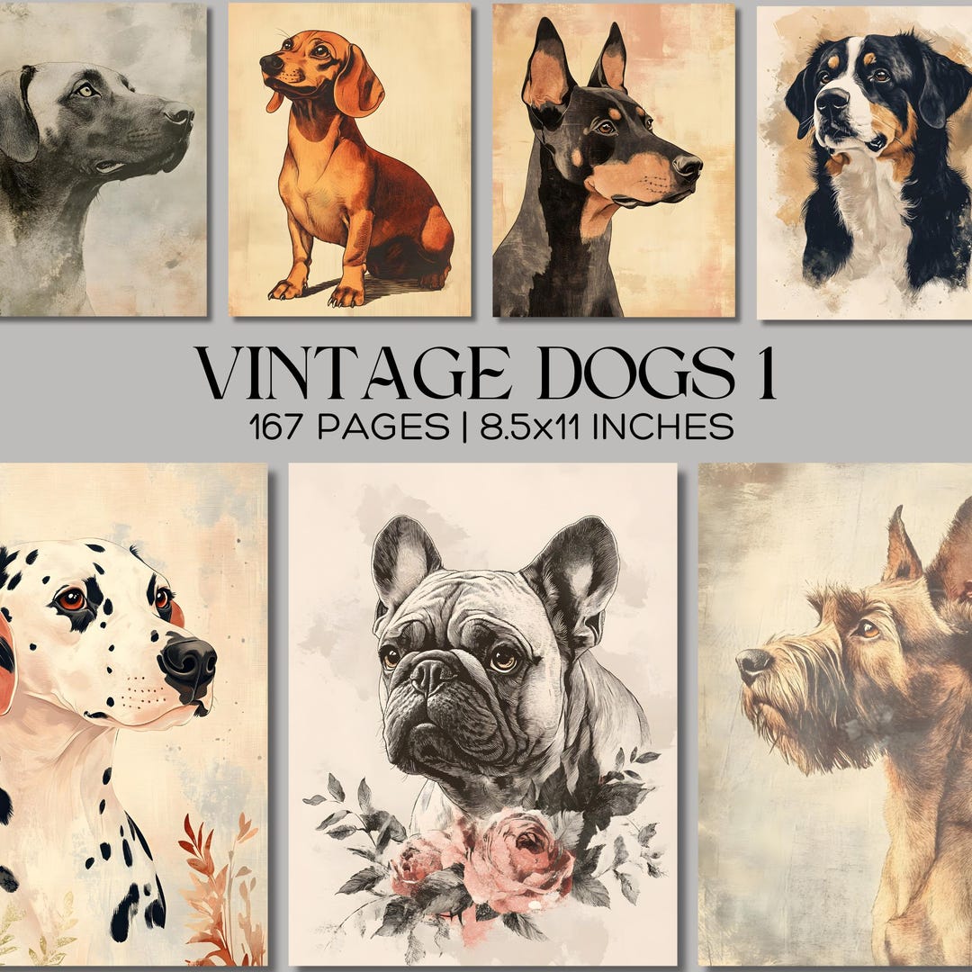 Vintage Dog Journal Pages, Printable Dog Breeds Paper Pack, Antique Dog ...