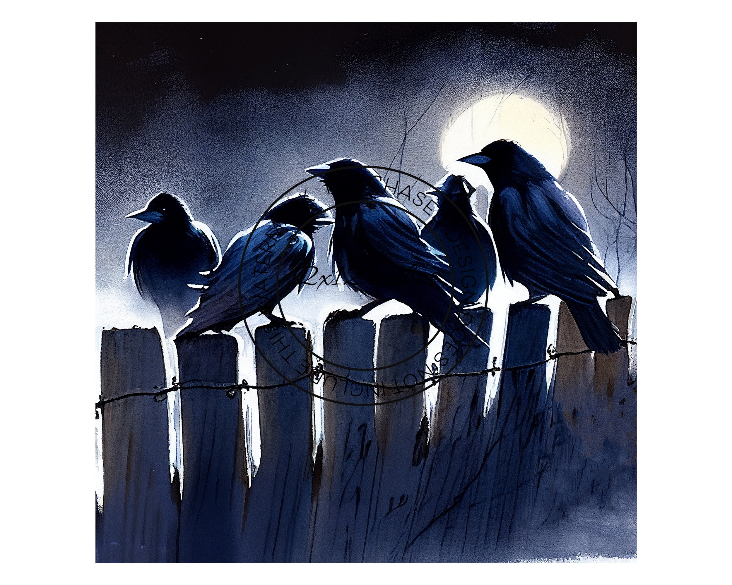 Eerie Black Crow Painting Moonlit Wall Art Wooden Fence - Etsy