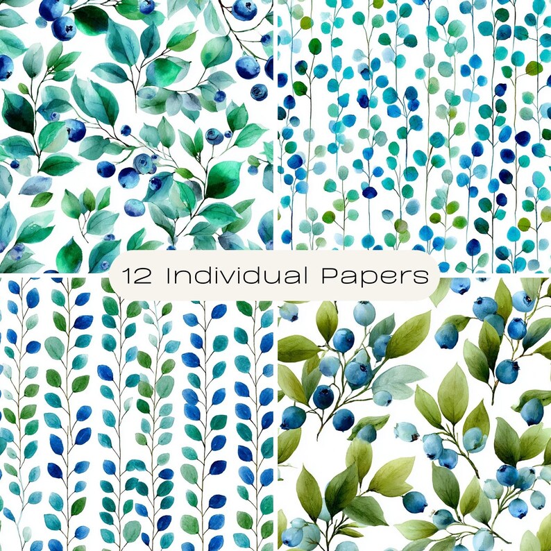 Blue Floral Watercolor Pattern Set, Botanical Paper Fabric Backgrounds ...