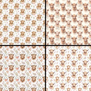Highland Cow Seamless Pattern Set – Cute Floral and Rustic Digital ...
