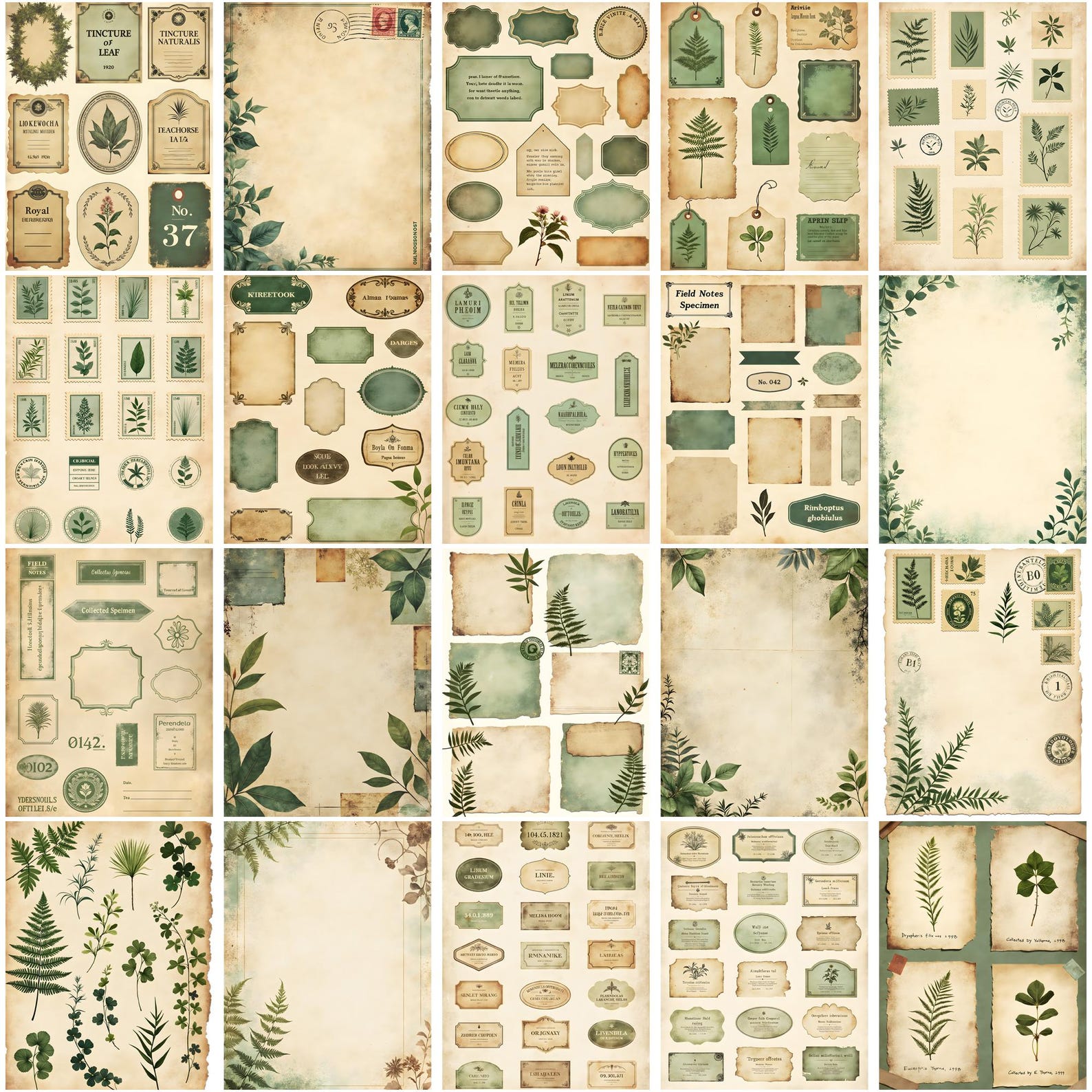 Botanical Junk Journal Kit, Vintage Greenery Grunge Ephemera, Tags ...