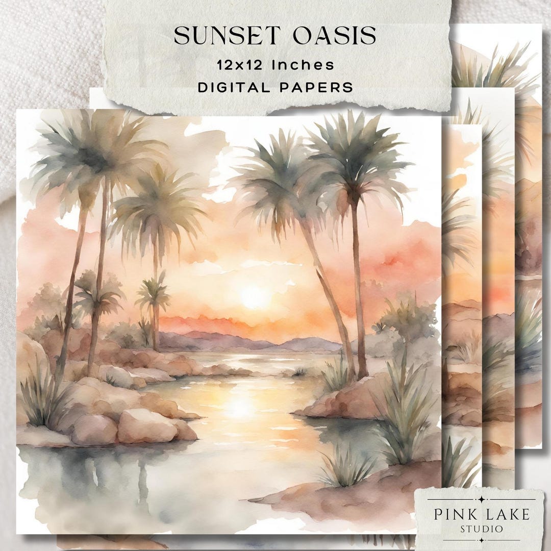 Tropical Digital Paper Pack, Sunset Watercolor Backgrounds, Palm Tree ...