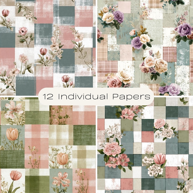 Floral Patchwork Seamless Pattern Set, Vintage Cottage Garden Style ...
