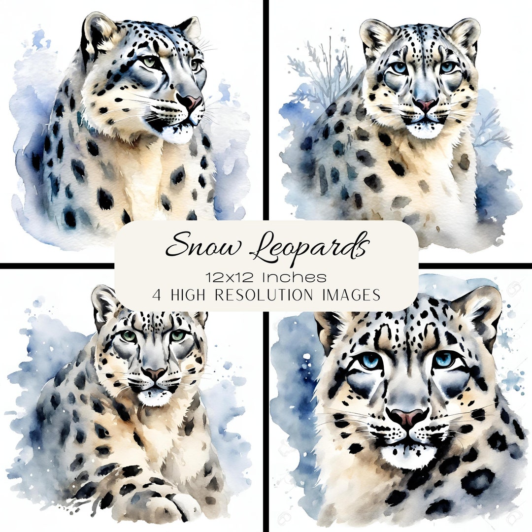 Snow Leopard Watercolour Prints, Wild Animal, Winter Snow, Set of 4 ...