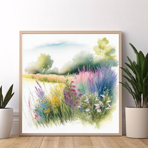 Serene Meadow Watercolor Digital Paper, Rustic Landscape Art ...