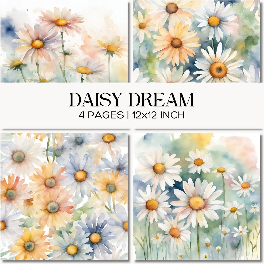 Daisy Dream Spring Floral Scrapbook Pages, Watercolor Flowers Digital ...