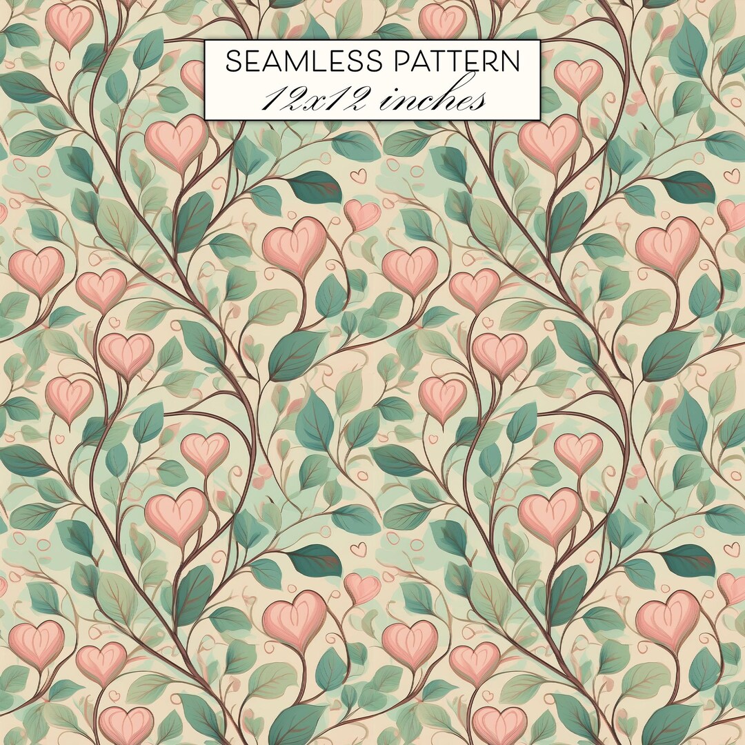 Floral Vine Seamless Pattern Pink Heart Blossoms and Green Leaves ...