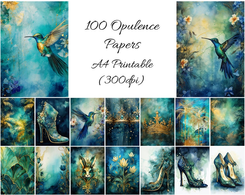 Opulence Watercolour Junk Journal Paper, Royal Blue, Emerald Green Gold ...