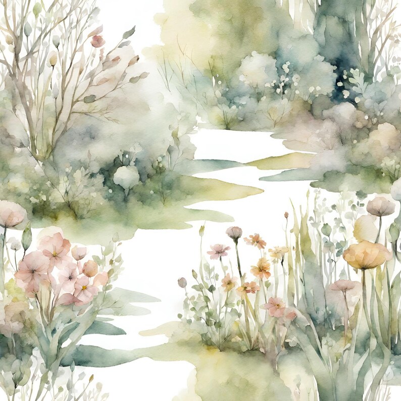 Sage Green and Pink Enchanted Garden Digital Paper Pack, Watercolour ...