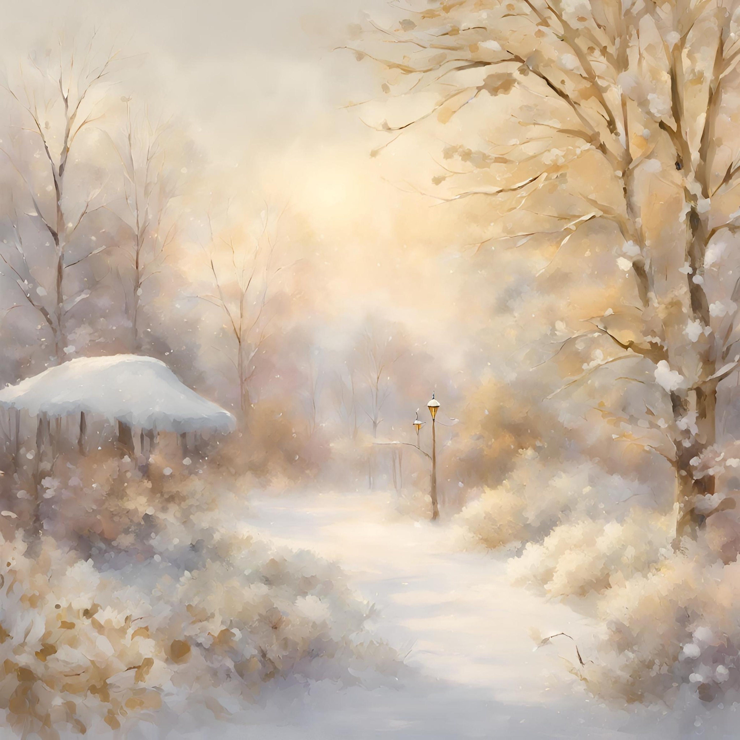 Golden Winter Digital Paper, Golden Trees, Snowy Scenic Backgrounds ...