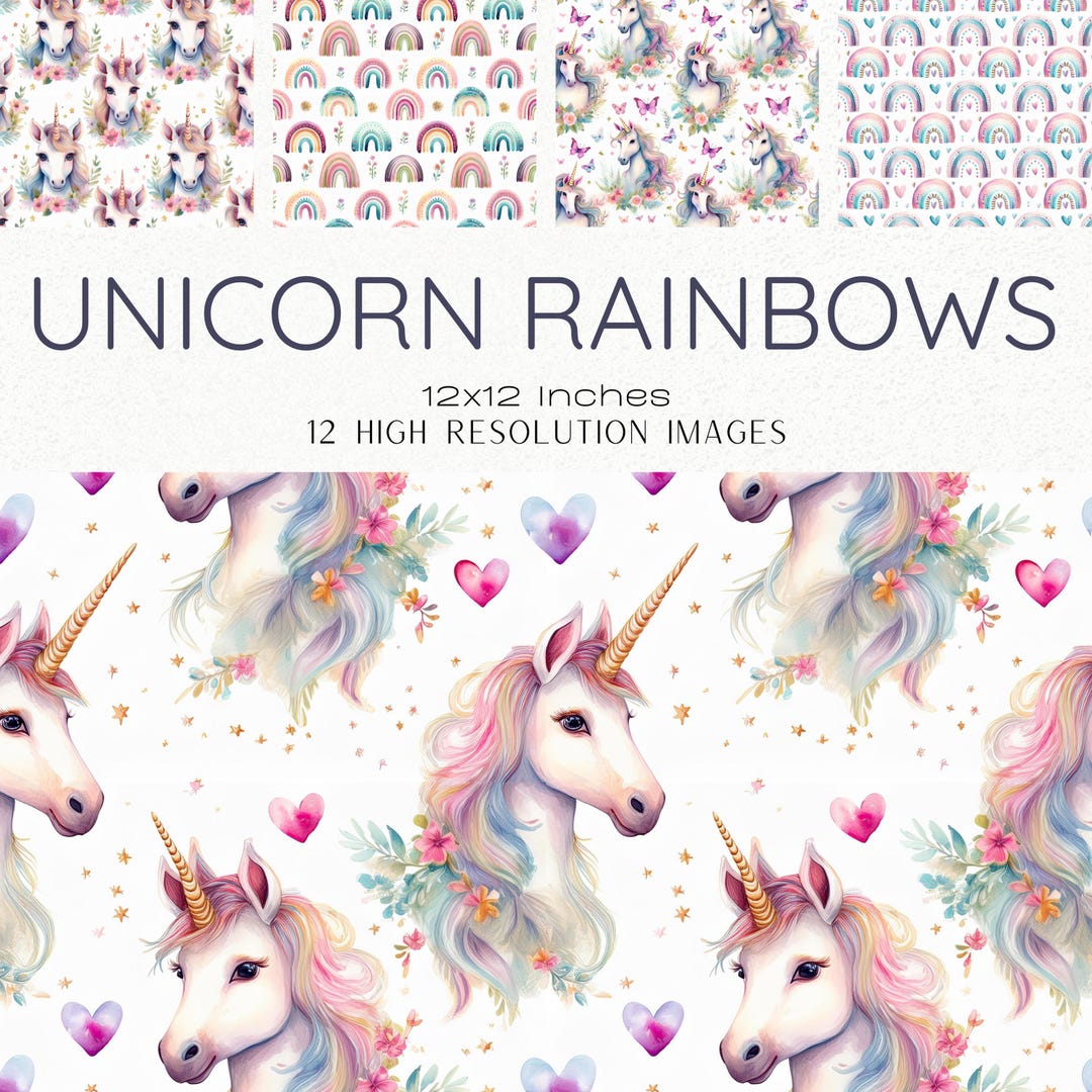 Rainbow Unicorns Seamless Patterns, Watercolour Unicorn Hearts Digital ...