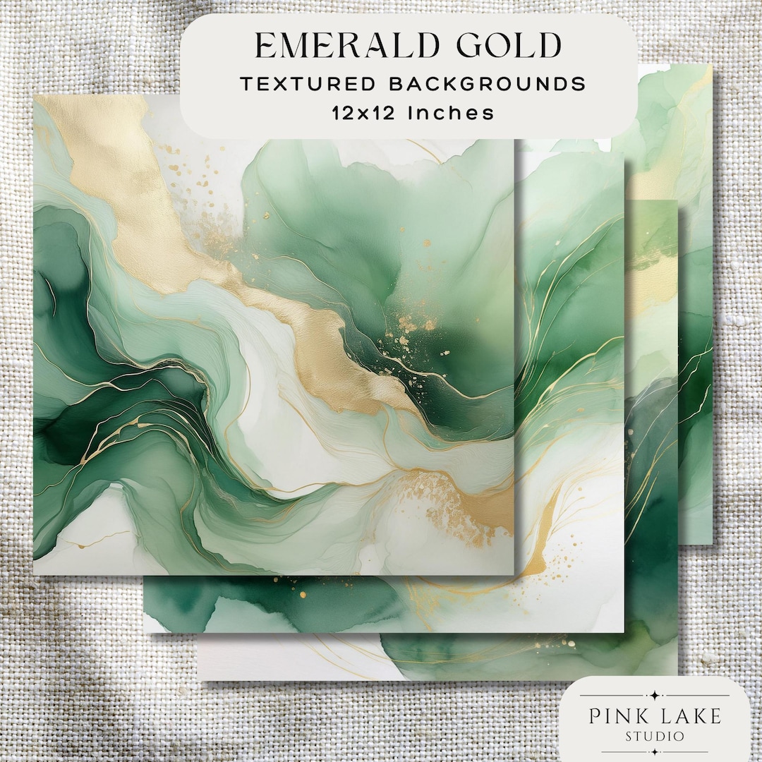 Emerald Gold Watercolor Textures, Abstract Green Backgrounds (digital ...