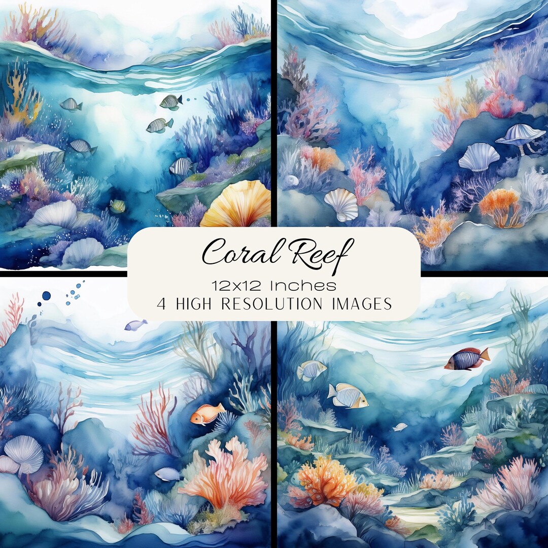 Coral Reef Watercolour Printable Backgrounds, Set of 4 Digital Paper ...