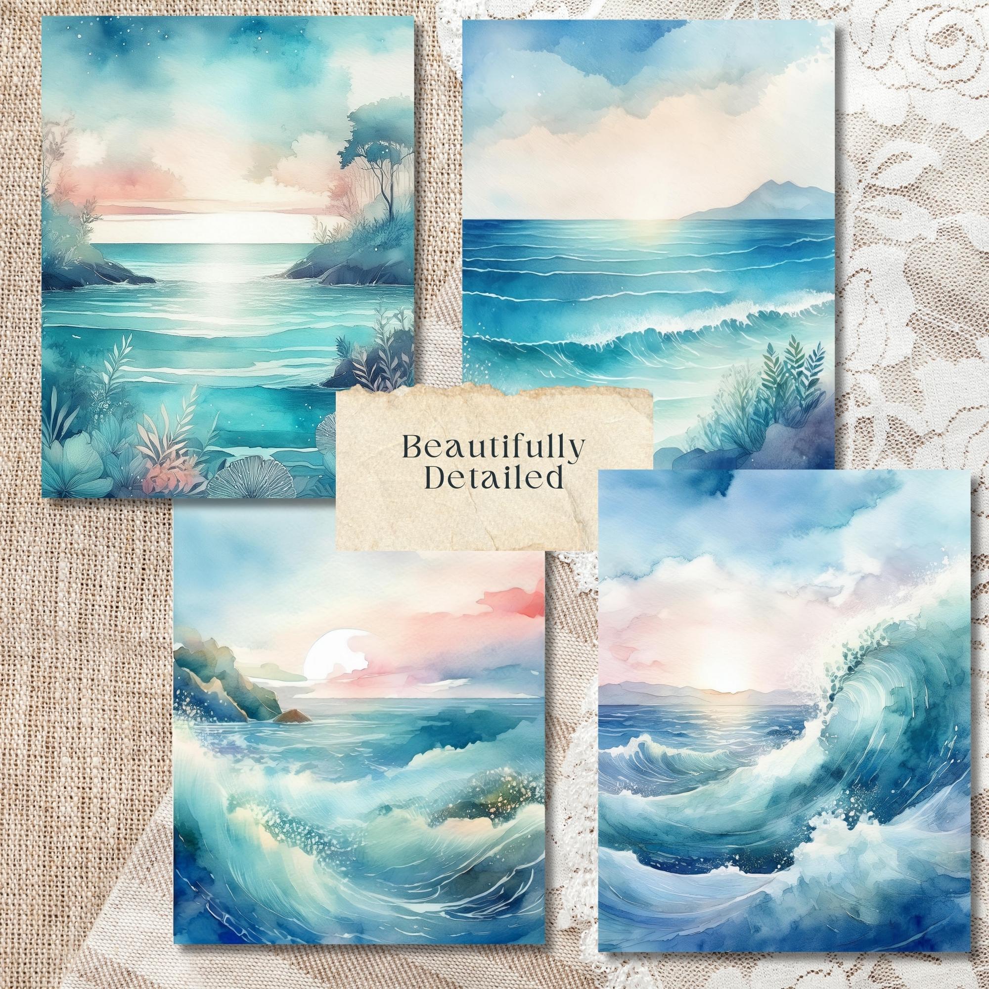 Watercolor Ocean Digital Paper, Coastal Scrapbooking Pack, Seascapes ...