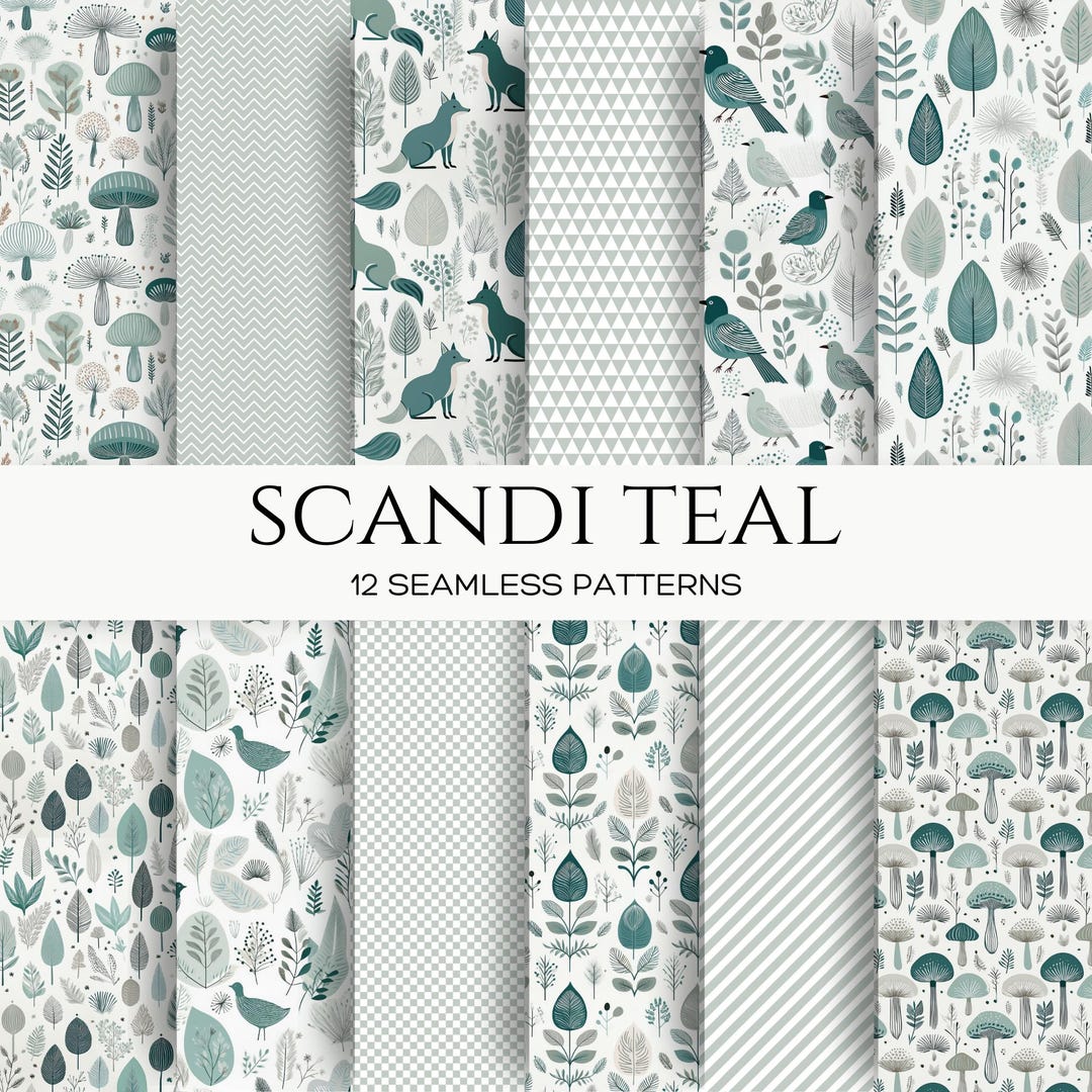 Scandi Teal Digital Paper Set, Forest Animals, Nordic Patterns (digital ...