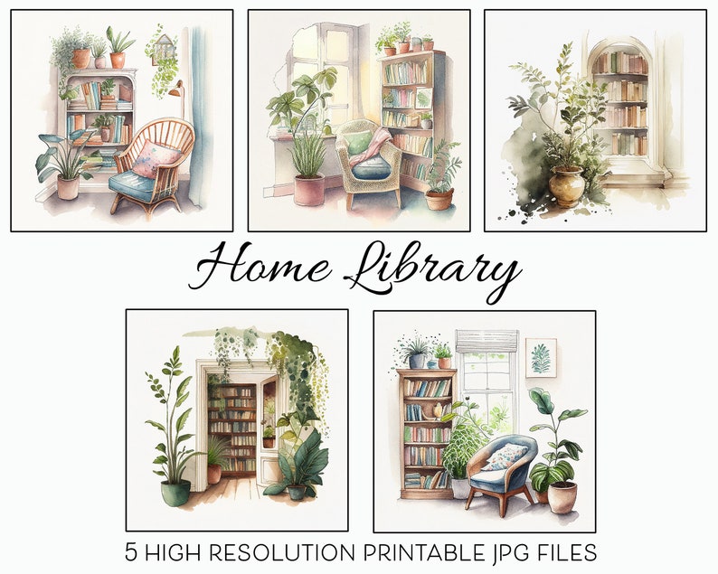 Watercolour Home Library Wall Art Set Cozy Reading Corner - Etsy