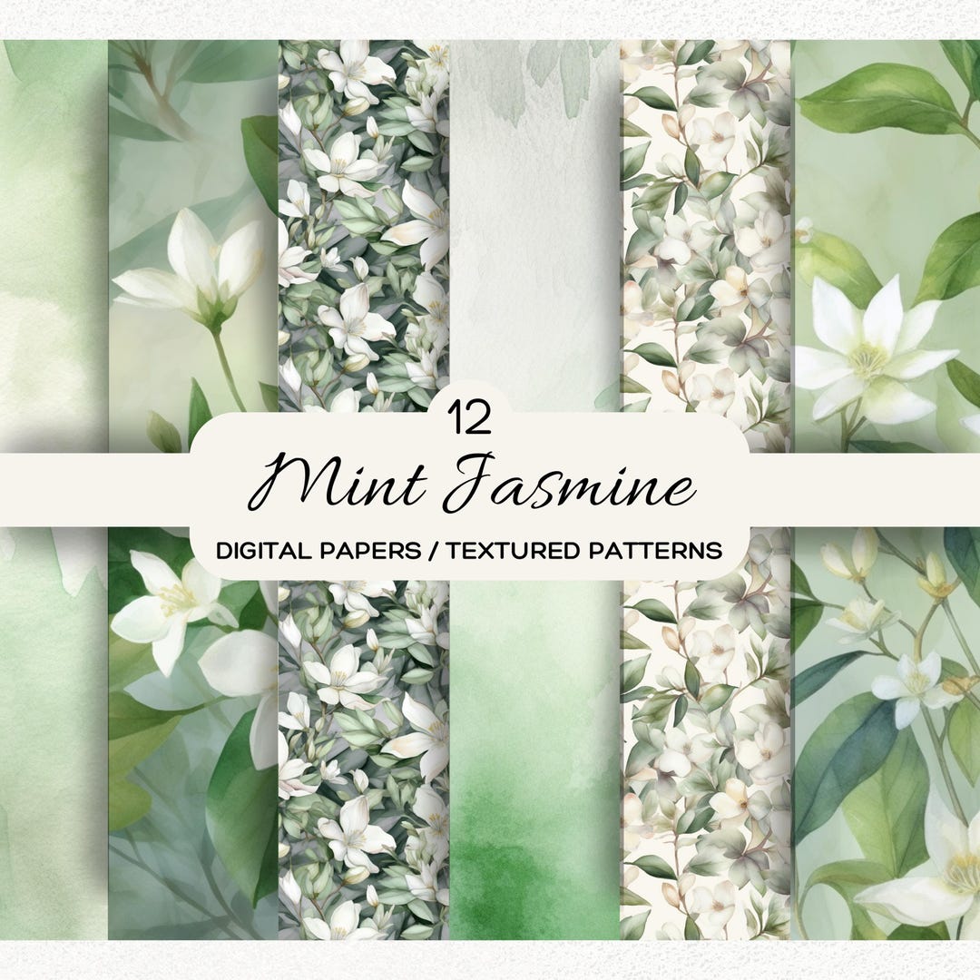 Jasmine Floral Digital Papers, Watercolour Textured Paper, Mint Green ...