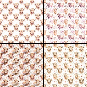 Highland Cow Seamless Pattern Set – Cute Floral and Rustic Digital ...
