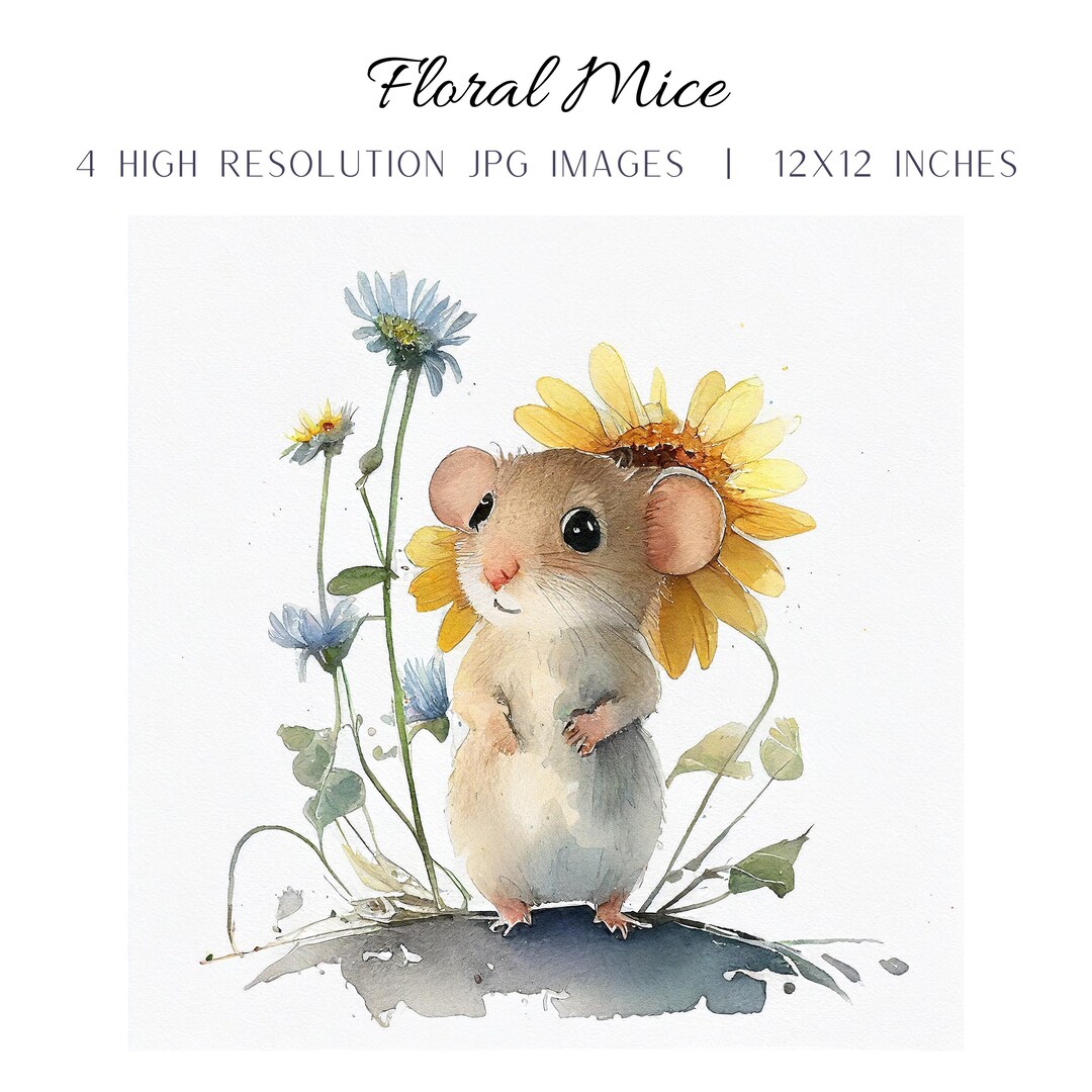 Cute Mouse and Flowers 4 Piece Wall Art Set, Field Mouse, Floral Mice ...