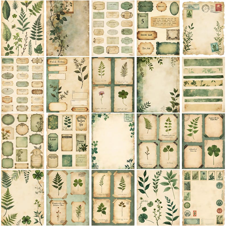 Botanical Junk Journal Kit, Vintage Greenery Grunge Ephemera, Tags ...