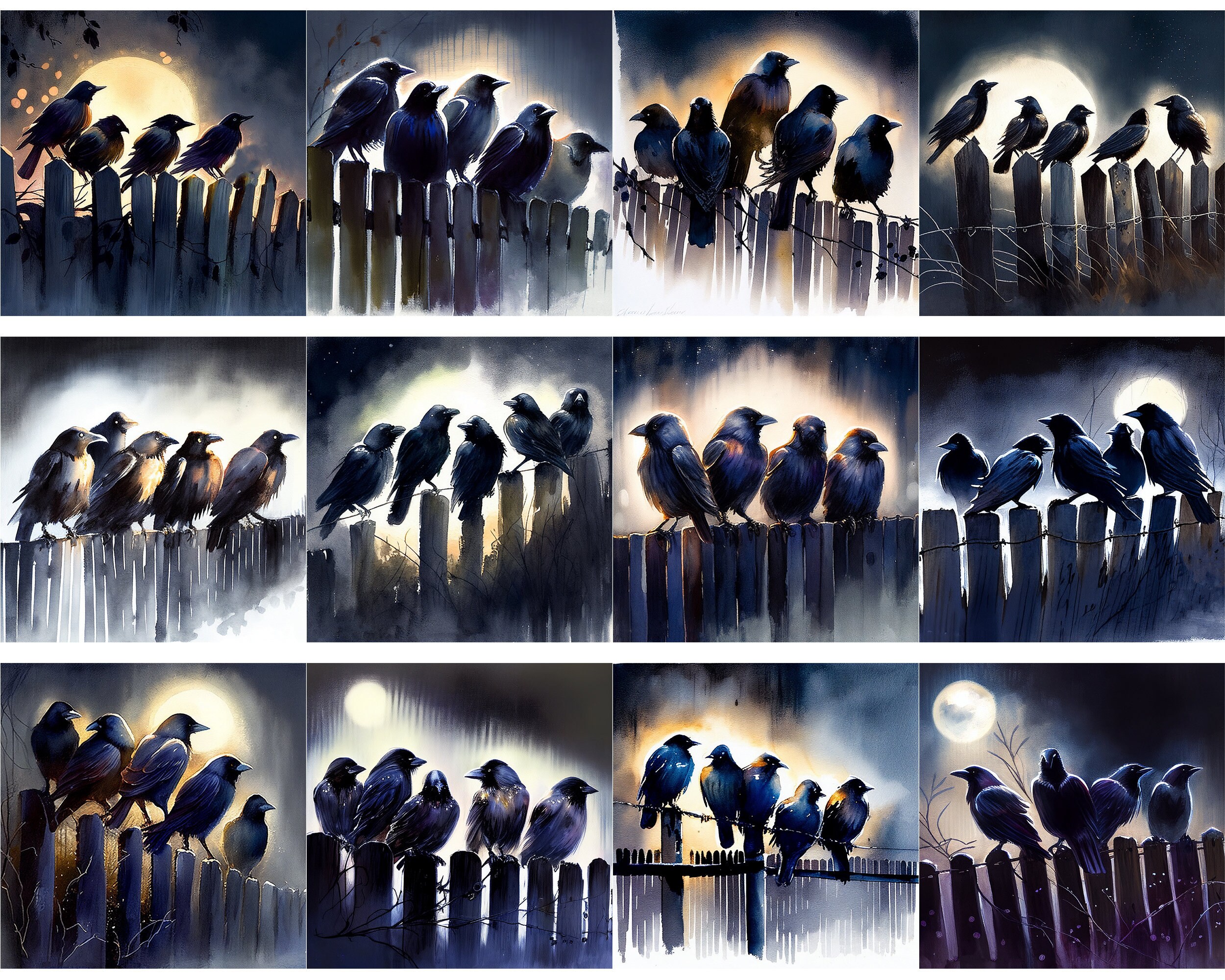 Eerie Black Crow Painting Moonlit Wall Art Wooden Fence - Etsy