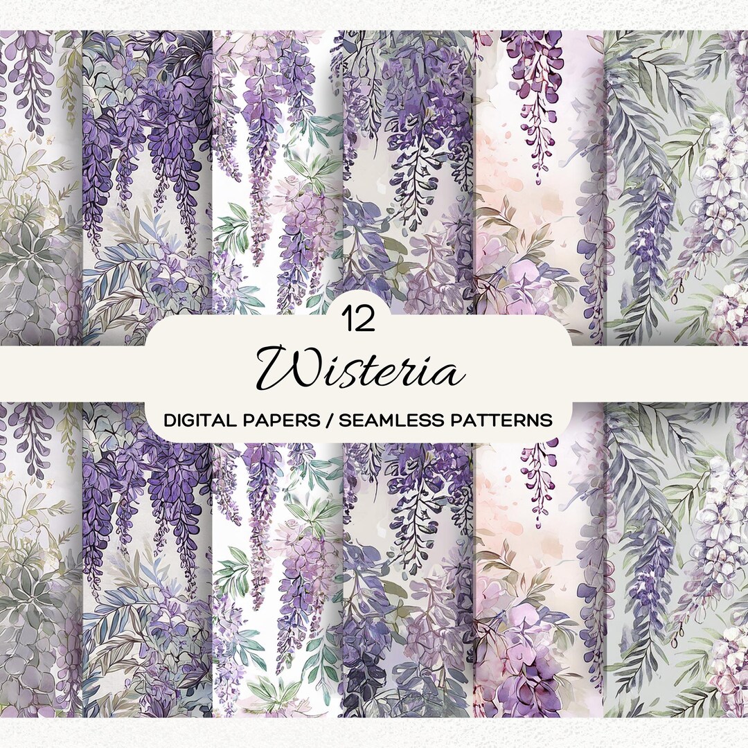 Wisteria Seamless Pattern, Floral Digital Paper Sage Green Purple ...