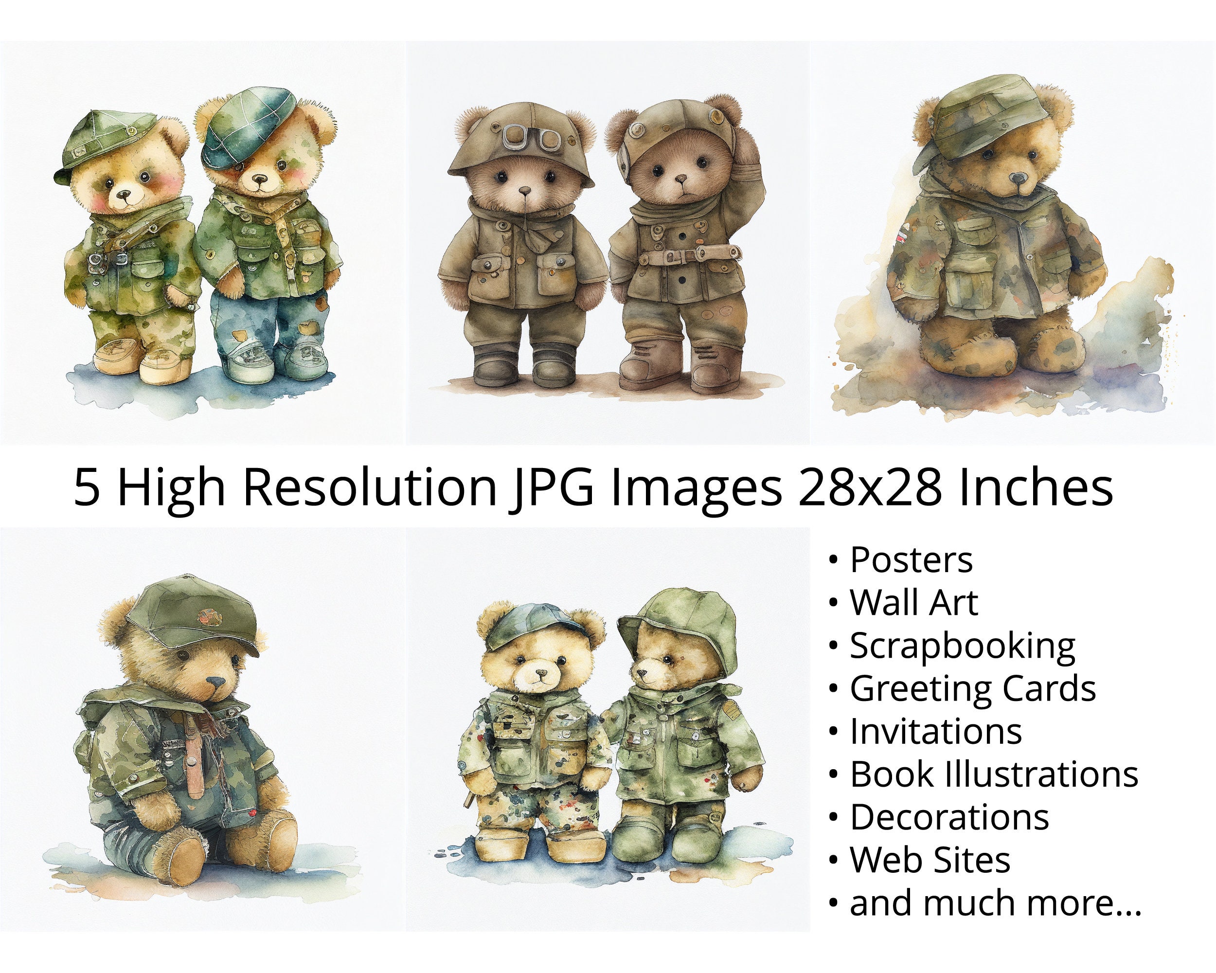 Military Teddy Bears Clipart, Teddies in Camoflauge Clothing Wall Art ...