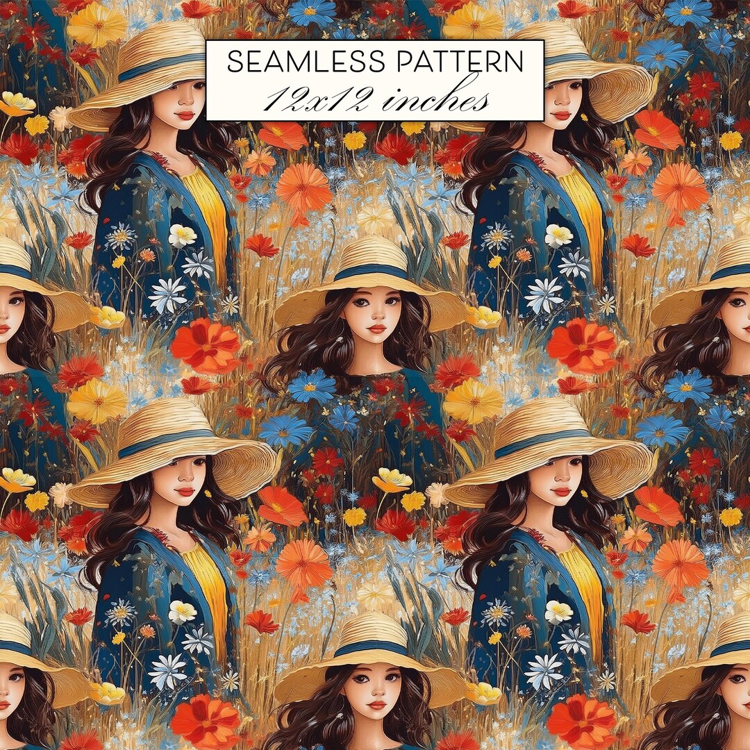Wildflowers Girl Seamless Pattern, Watercolour Flowers, Straw Hat ...