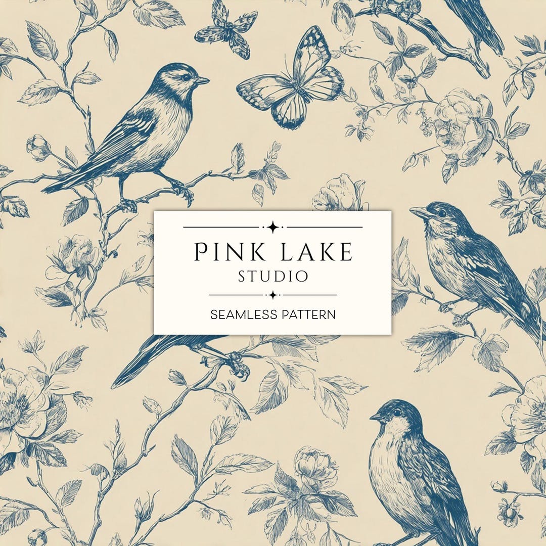 Bird Toile Seamless Pattern, Vintage Toile Digital Paper, Blue & Cream ...