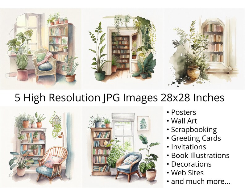 Watercolour Home Library Wall Art Set Cozy Reading Corner - Etsy