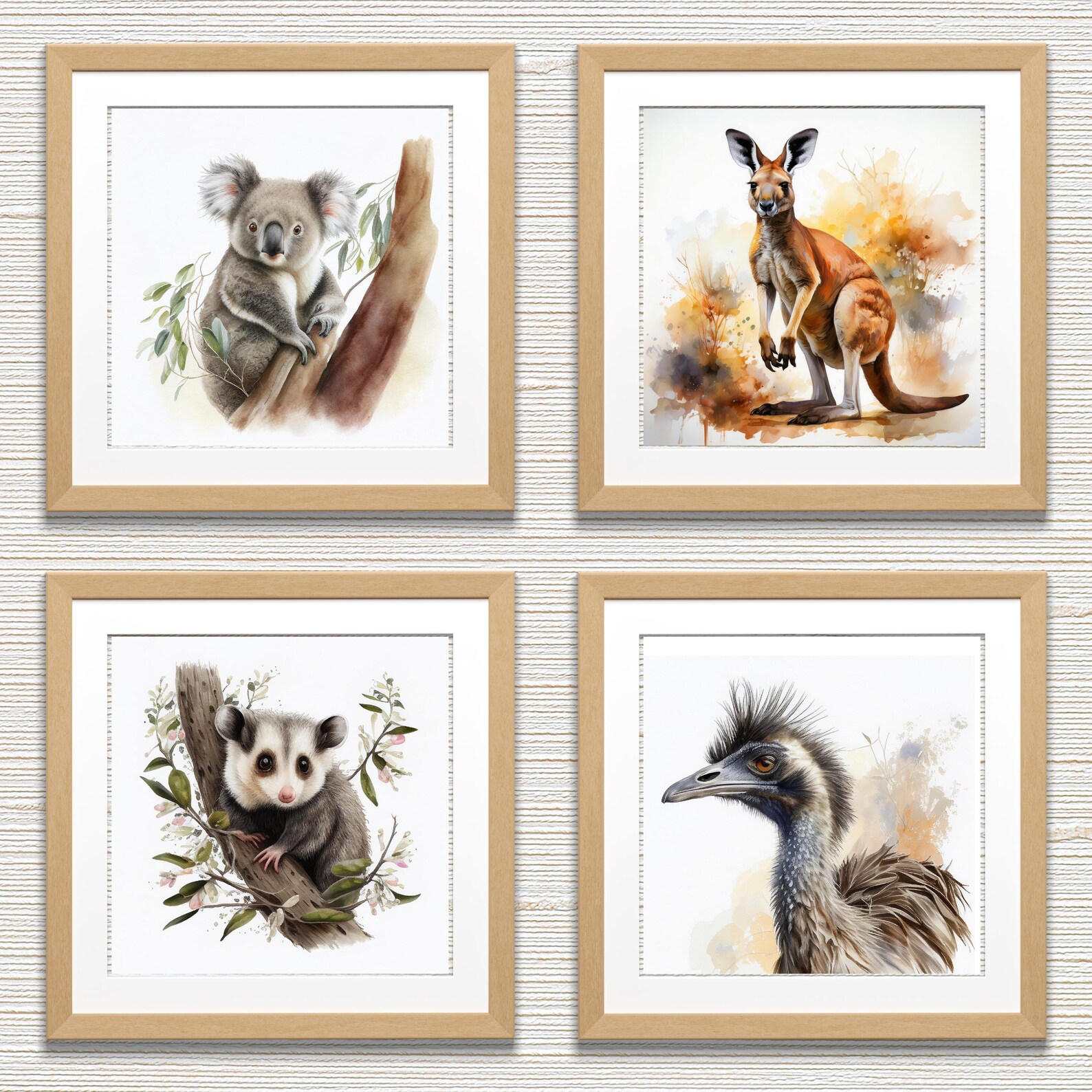 Australian Animals Wall Art Set of 4, Koala, Kangaroo, Possum, Emu ...