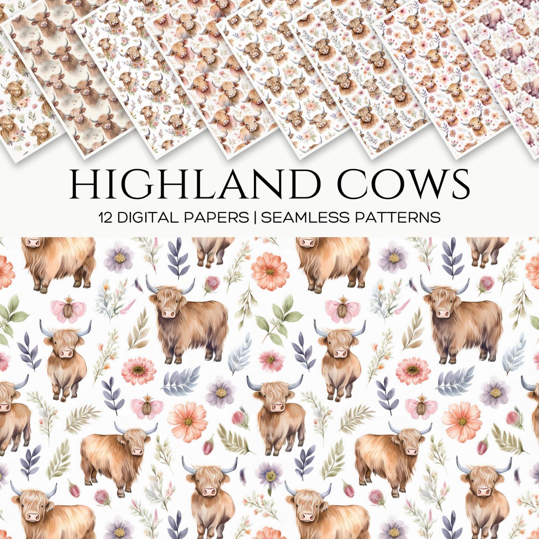 Highland Cow Seamless Pattern Set – Cute Floral and Rustic Digital ...