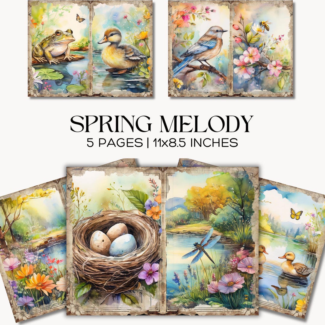 Spring Melody Printable Junk Journal Pages, Watercolor Nature Papers ...