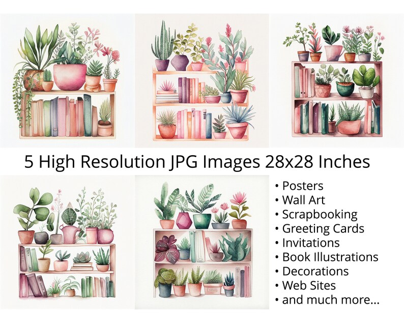 Bookcase Clipart Bundle, Indoor Plants, Book Shelf, Home Library ...