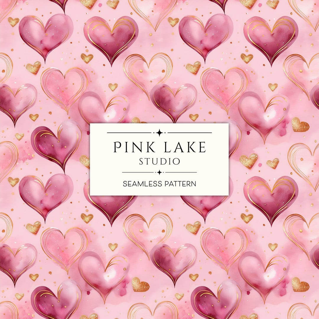Watercolor Heart Seamless Pattern – Pink and Gold Valentine’s Digital ...