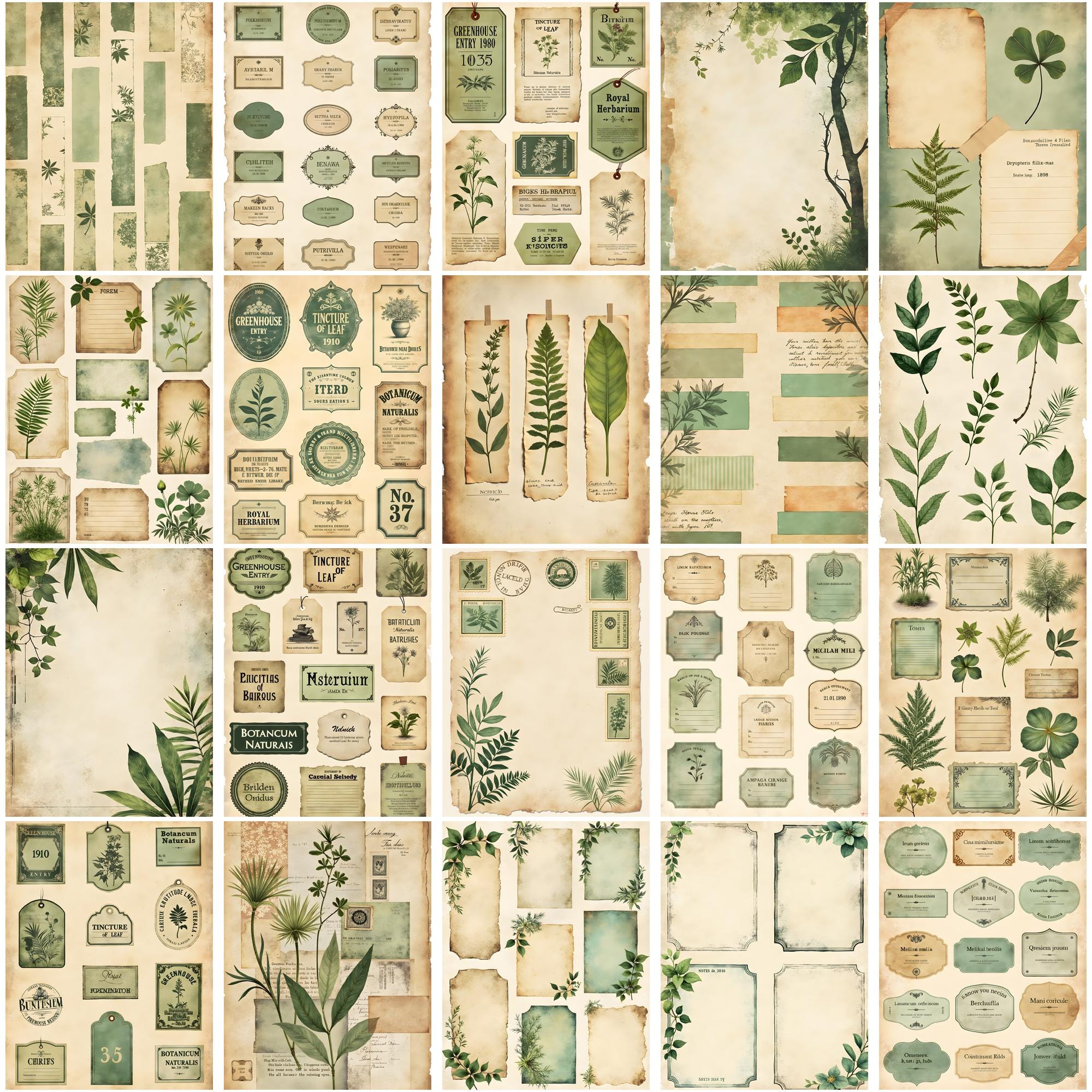 Botanical Junk Journal Kit, Vintage Greenery Grunge Ephemera, Tags ...