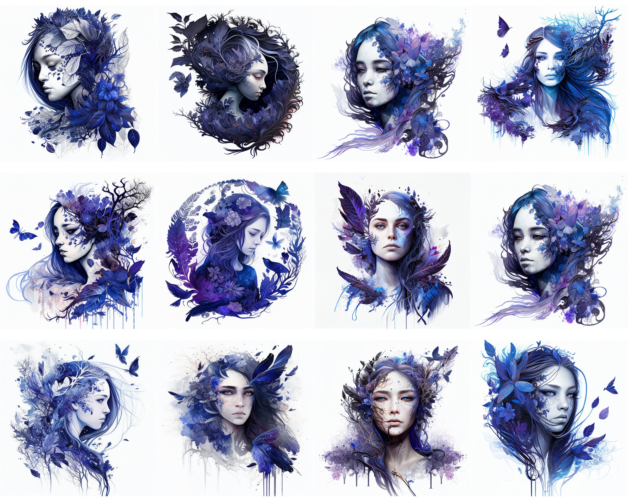 Indigo Beauty Fantasy Art Prints, Printable Blue Purple Watercolor ...