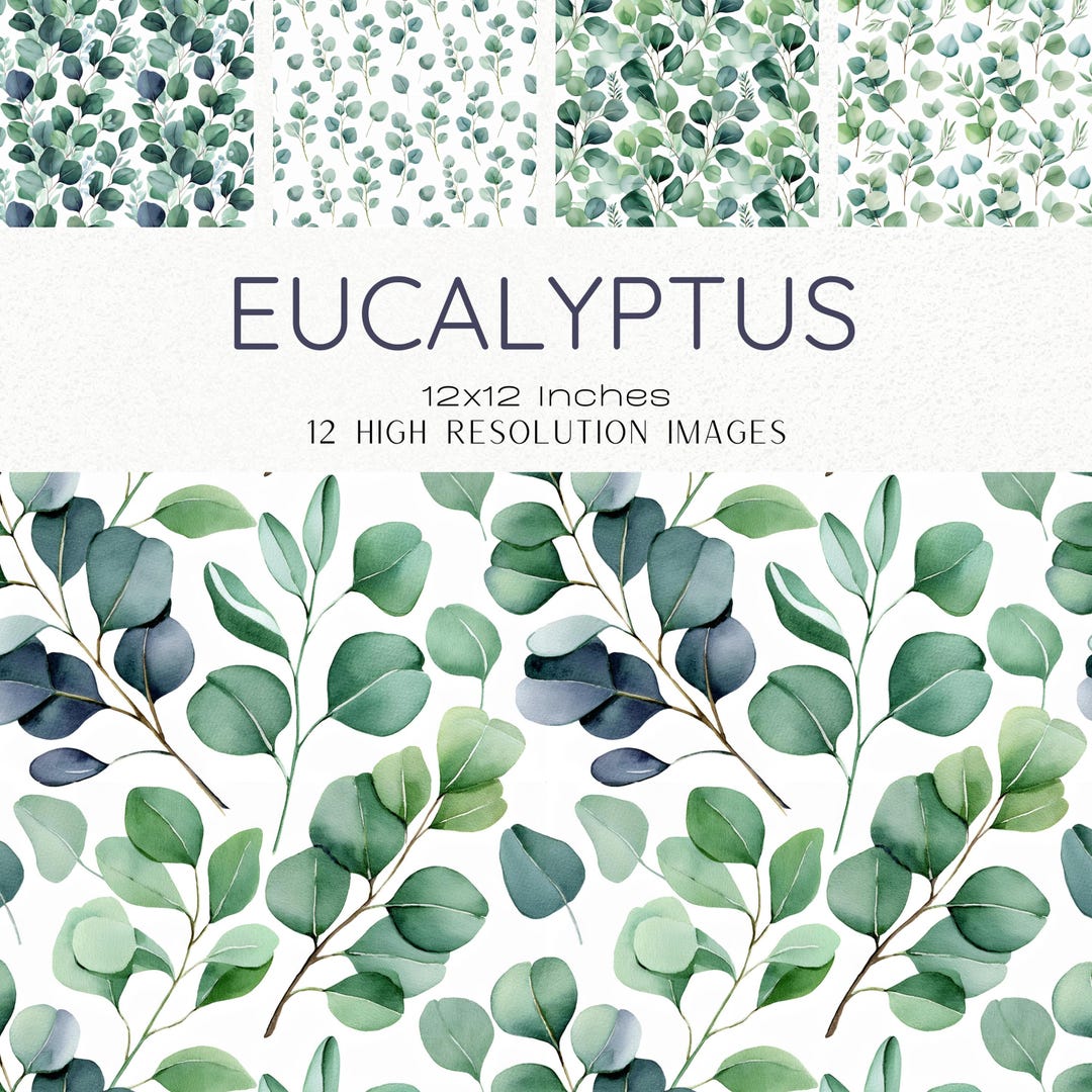 Eucalyptus Digital Paper Pack, Green Watercolor Leaves and Branches ...