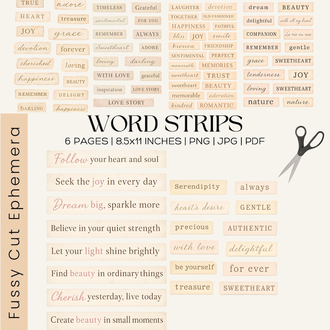 Fussy Cut Word Strips PNG, Vintage Word Labels for Junk Journal ...