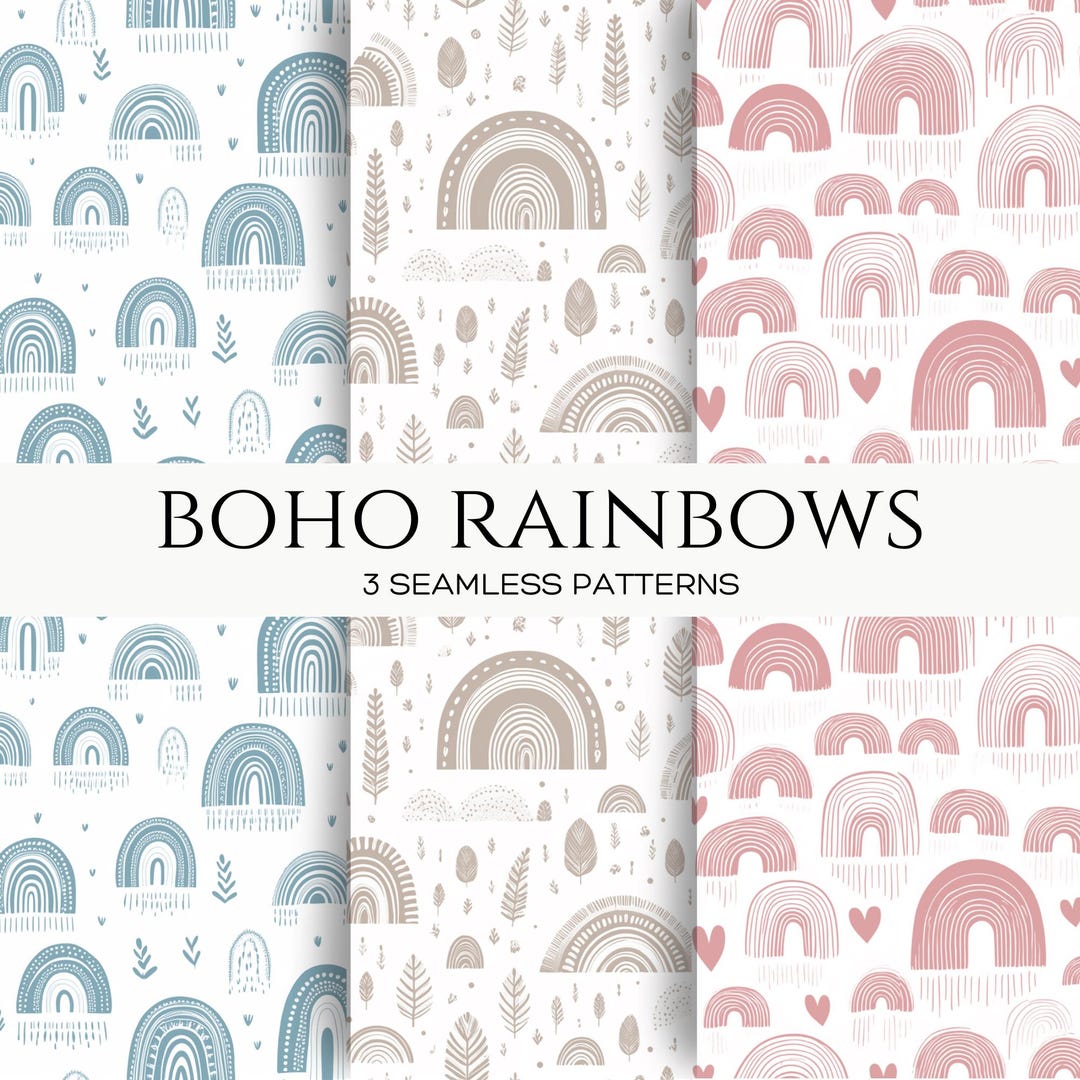Boho Rainbow Digital Paper Set, Neutral and Pink Rainbow Patterns ...