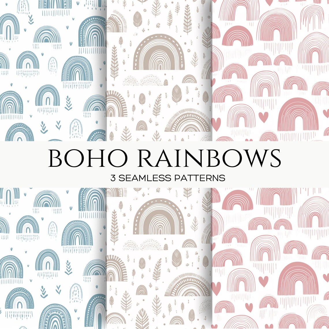 Boho Rainbow Seamless Paper Set, Scandinavian Patterns (digital ...