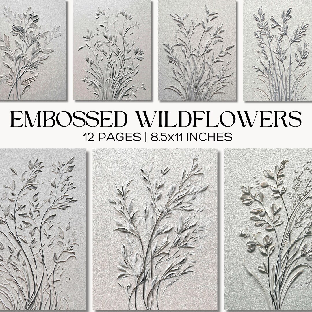 Embossed Wildflower Digital Paper Set, Airy Meadow Florals, Branches ...