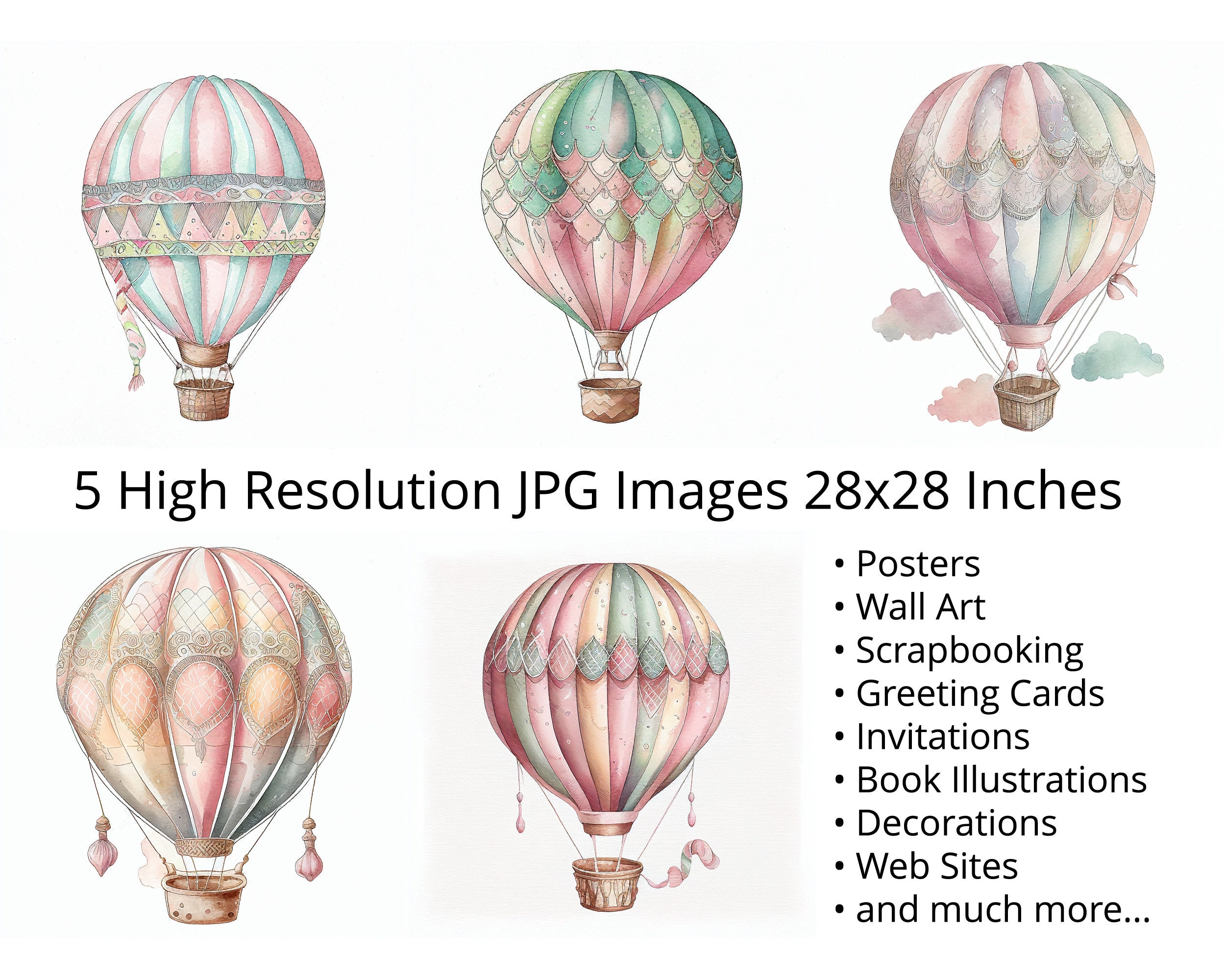 Hot Air Balloon Clipart Set, Pastel Pink Balloon, Watercolour Balloons ...