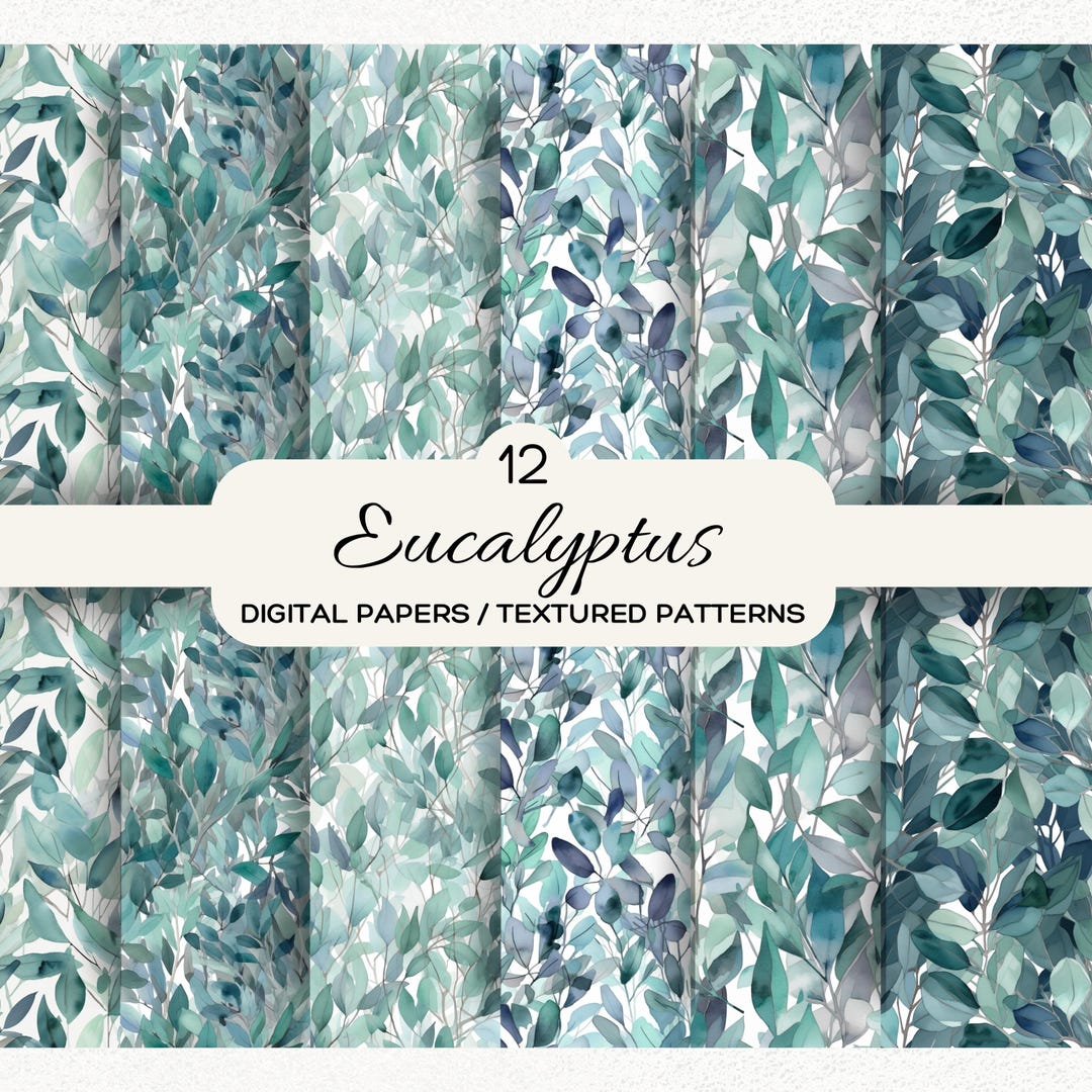 Blue Green Eucalyptus Patterns, Eucalyptus Leafy Backgrounds, Digital ...