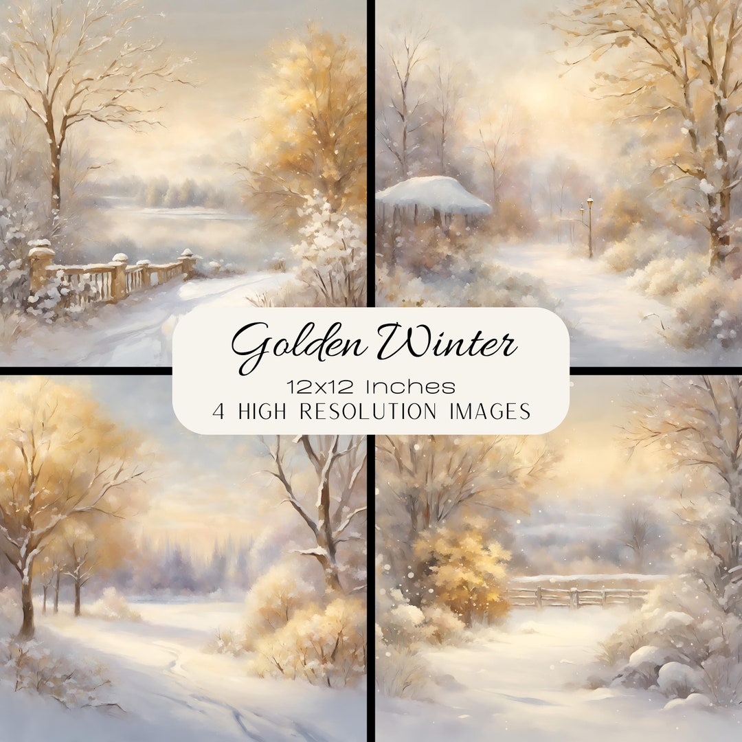 Golden Winter Digital Paper, Golden Trees, Snowy Scenic Backgrounds ...